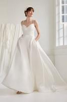 China Beautiful Custom-made Size A-line Pleated Spaghetti Strap Sweep Train V-neck Empire White Satin Wedding Dress for sale