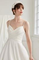 China Beautiful Custom-made Size A-line Pleated Spaghetti Strap Sweep Train V-neck Empire White Satin Wedding Dress for sale