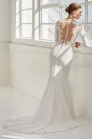 China Modern Plus Size Sheath Long Sleeve Boat Neckline Illusion Back Court Train White Satin Lace Bride Mermaid Wedding Dress for sale