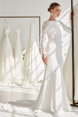 China Modern Plus Size Sheath Long Sleeve Boat Neckline Illusion Back Court Train White Satin Lace Bride Mermaid Wedding Dress for sale