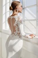 China Modern Plus Size Sheath Long Sleeve Boat Neckline Illusion Back Court Train White Satin Lace Bride Mermaid Wedding Dress for sale