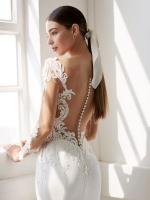China Sexy Customized Size Sheath Long Sleeve Illusion Neckline Appliqued Lace Court Train White Satin Bride Wedding Dress for sale