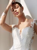 China Sexy Customized Size Sheath Long Sleeve Illusion Neckline Appliqued Lace Court Train White Satin Bride Wedding Dress for sale
