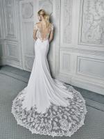 China Sexy Customized Size Sheath Long Sleeve Illusion Neckline Appliqued Lace Court Train White Satin Bride Wedding Dress for sale