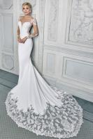 China Sexy Customized Size Sheath Long Sleeve Illusion Neckline Appliqued Lace Court Train White Satin Bride Wedding Dress for sale
