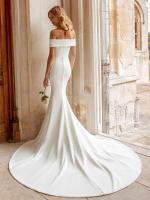 China Sexy Sheath Off-the-shoulder Bardot Neckline Detachable Three-quarter Sleeves Sweep Train White Satin Wedding Dress for sale