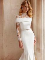 China Sexy Sheath Off-the-shoulder Bardot Neckline Detachable Three-quarter Sleeves Sweep Train White Satin Wedding Dress for sale