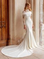 China Sexy Sheath Off-the-shoulder Bardot Neckline Detachable Three-quarter Sleeves Sweep Train White Satin Wedding Dress for sale