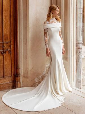 China Sexy Sheath Off-the-shoulder Bardot Neckline Detachable Three-quarter Sleeves Sweep Train White Satin Wedding Dress for sale