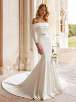 China Sexy Sheath Off-the-shoulder Bardot Neckline Detachable Three-quarter Sleeves Sweep Train White Satin Wedding Dress for sale