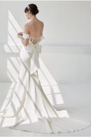 China Luxurious Off-the-shoulder Sleeves Sweep Train Corset Back Sheath White Mermaid Bride Satin Wedding Dress for sale
