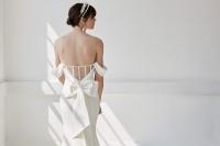 China Luxurious Off-the-shoulder Sleeves Sweep Train Corset Back Sheath White Mermaid Bride Satin Wedding Dress for sale
