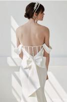 China Luxurious Off-the-shoulder Sleeves Sweep Train Corset Back Sheath White Mermaid Bride Satin Wedding Dress for sale