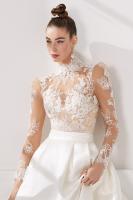 China Unique High Neckline Plus Size Sweep Train Puff Full Length Long Sleeve White Tulle Lace Ball Gown Wedding Dress for sale