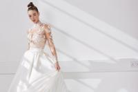 China Unique High Neckline Plus Size Sweep Train Puff Full Length Long Sleeve White Tulle Lace Ball Gown Wedding Dress for sale