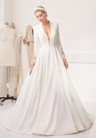 China Sexy Illusion Back Low Plunge Neckline Sweep Train Long Sleeve V-neck Appliqued Lace White Satin Ball Gown Wedding Dress for sale
