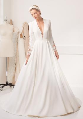 China Sexy Illusion Back Low Plunge Neckline Sweep Train Long Sleeve V-neck Appliqued Lace White Satin Ball Gown Wedding Dress for sale