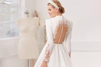 China Sexy Illusion Back Low Plunge Neckline Sweep Train Long Sleeve V-neck Appliqued Lace White Satin Ball Gown Wedding Dress for sale