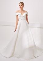China Beautiful Sweep Train Zipper Beaded Plus Size Off-the-shoulder Bardot Neckline Empire White Satin Bride Wedding Dress for sale