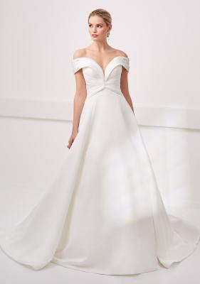China Beautiful Sweep Train Zipper Beaded Plus Size Off-the-shoulder Bardot Neckline Empire White Satin Bride Wedding Dress for sale