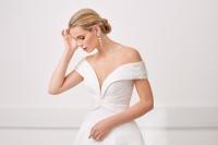 China Beautiful Sweep Train Zipper Beaded Plus Size Off-the-shoulder Bardot Neckline Empire White Satin Bride Wedding Dress for sale
