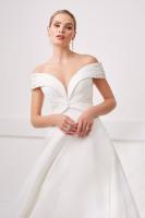 China Beautiful Sweep Train Zipper Beaded Plus Size Off-the-shoulder Bardot Neckline Empire White Satin Bride Wedding Dress for sale