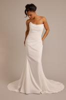 China Sexy Zipper Plus Size Strapless Draped Sheath Chapel Train Mermaid White Soft Satin Wedding Dress for sale