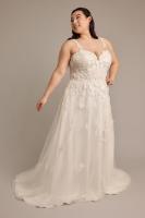 China Stunning Sweetheart Neck Plus Size Appliques Lace  Spaghetti Strap Chapel Train Lace-up Ivory Tulle Wedding Dress for sale