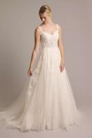 China Modern Illusion V-back Chapel Train Spaghetti Strap Lace Appliques Ivory Sparkling Tulle Tank Ball Gown Wedding Dress for sale