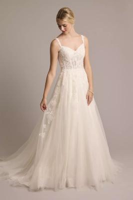 China Modern Illusion V-back Chapel Train Spaghetti Strap Lace Appliques Ivory Sparkling Tulle Tank Ball Gown Wedding Dress for sale
