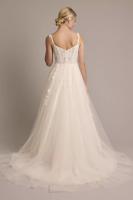 China Modern Illusion V-back Chapel Train Spaghetti Strap Lace Appliques Ivory Sparkling Tulle Tank Ball Gown Wedding Dress for sale