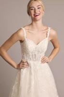 China Modern Illusion V-back Chapel Train Spaghetti Strap Lace Appliques Ivory Sparkling Tulle Tank Ball Gown Wedding Dress for sale