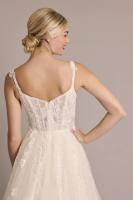 China Modern Illusion V-back Chapel Train Spaghetti Strap Lace Appliques Ivory Sparkling Tulle Tank Ball Gown Wedding Dress for sale
