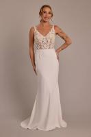 China Sexy V-neck Illusion Appliques Lace Backless Sheath Chapel Train Spaghetti Strap White Satin Tank Bride Wedding Dress for sale