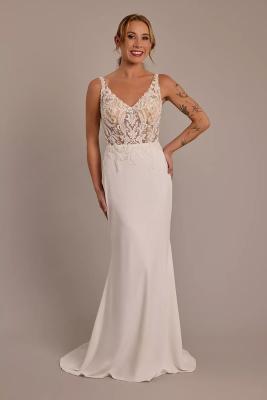 China Sexy V-neck Illusion Appliques Lace Backless Sheath Chapel Train Spaghetti Strap White Satin Tank Bride Wedding Dress for sale