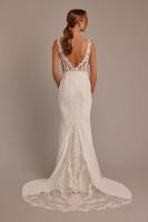 China Sexy V-neck Illusion Appliques Lace Backless Sheath Chapel Train Spaghetti Strap White Satin Tank Bride Wedding Dress for sale