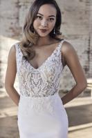 China Sexy V-neck Illusion Appliques Lace Backless Sheath Chapel Train Spaghetti Strap White Satin Tank Bride Wedding Dress for sale