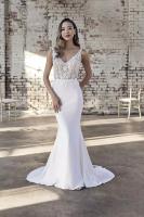 China Sexy V-neck Illusion Appliques Lace Backless Sheath Chapel Train Spaghetti Strap White Satin Tank Bride Wedding Dress for sale