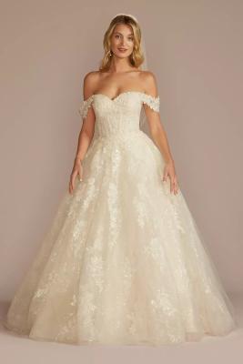 China Stunning Off-the-shoulder Lace-up Princess Sweetheart Removable Swag Sleeves Chapel Train White Lace Bride Wedding Dress for sale