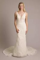 China Exquisite Beaded Sheath Mermaid Spaghetti Strap V-neck Illusion Scoop Back Chapel Train Zipper White Lace Wedding Dress for sale