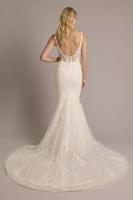 China Exquisite Beaded Sheath Mermaid Spaghetti Strap V-neck Illusion Scoop Back Chapel Train Zipper White Lace Wedding Dress for sale