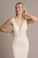 China Exquisite Beaded Sheath Mermaid Spaghetti Strap V-neck Illusion Scoop Back Chapel Train Zipper White Lace Wedding Dress for sale