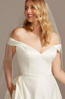 China Luxurious Customized Size Off-the-shoulder V-neck Ruffles Chapel Train Zipper Ivory Satin Ball Gown Wedding Dress for sale