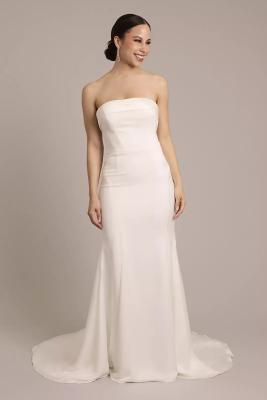 China Stunning Custom-made Size Sheath Strapless Mermaid Ruffles Chapel Train Zipper White Satin Wedding Dress for sale