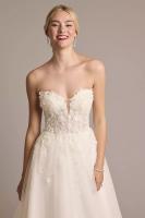 China Perfect Strapless Removable Swag Sleeves Chapel Train Appliqued Zipper Ivory Tulle Ball Gown Wedding Dress for sale