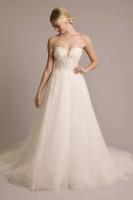China Perfect Strapless Removable Swag Sleeves Chapel Train Appliqued Zipper Ivory Tulle Ball Gown Wedding Dress for sale