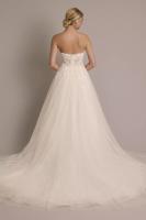 China Perfect Strapless Removable Swag Sleeves Chapel Train Appliqued Zipper Ivory Tulle Ball Gown Wedding Dress for sale