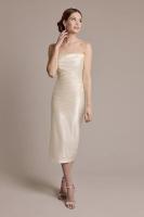 China Sexy Sheath Ruffles Custom-made Size Zipper Pleated Off-the-shoulder White Satin Midi Wedding Dress for sale