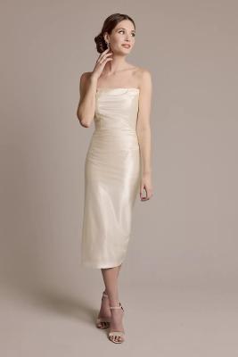 China Sexy Sheath Ruffles Custom-made Size Zipper Pleated Off-the-shoulder White Satin Midi Wedding Dress for sale