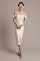 China Sexy Sheath Ruffles Custom-made Size Zipper Pleated Off-the-shoulder White Satin Midi Wedding Dress for sale